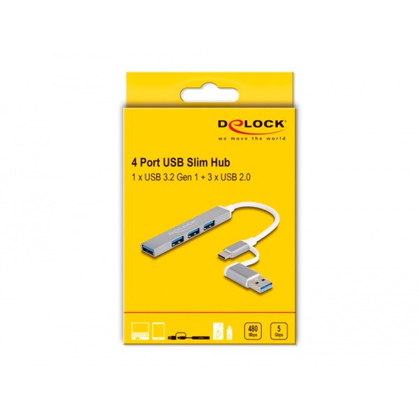 DeLOCK 4 Port Slim USB Hub mit USB Type-C oder USB Typ-A, USB-Hub