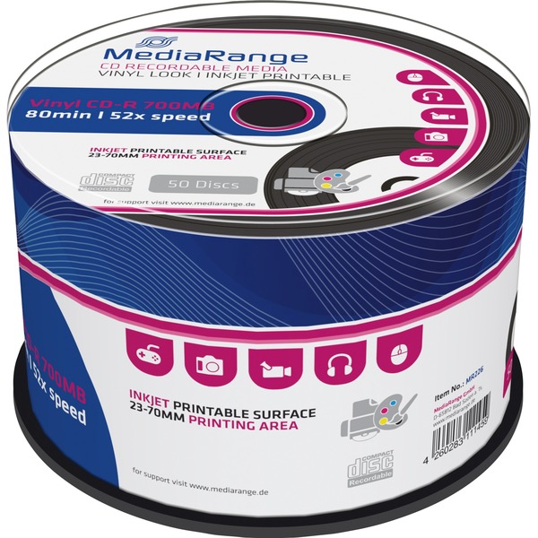 MediaRange CD-R 700 MB, CD-Rohlinge 52fach, 50 Stück, bedruckbar, Vinyl ...